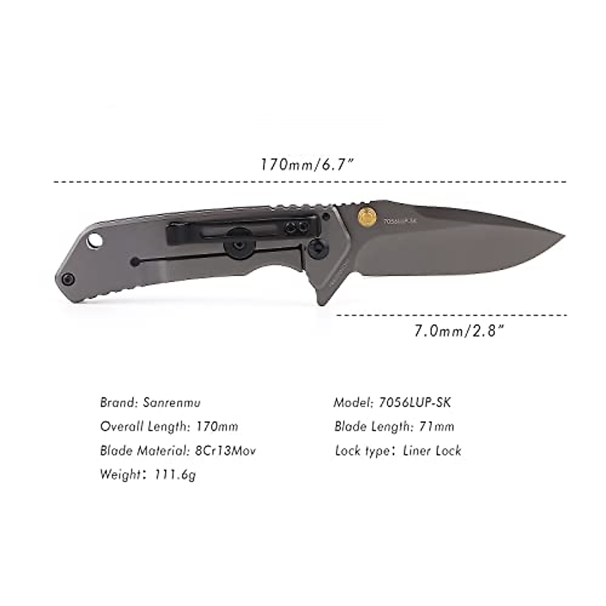 Sanrenmu Knives Folding Pocket Knife 7056 EDC Knife 8Cr14MoV Blade Hunting Survival Fishing Tool (7056LUP-SK(Grey))