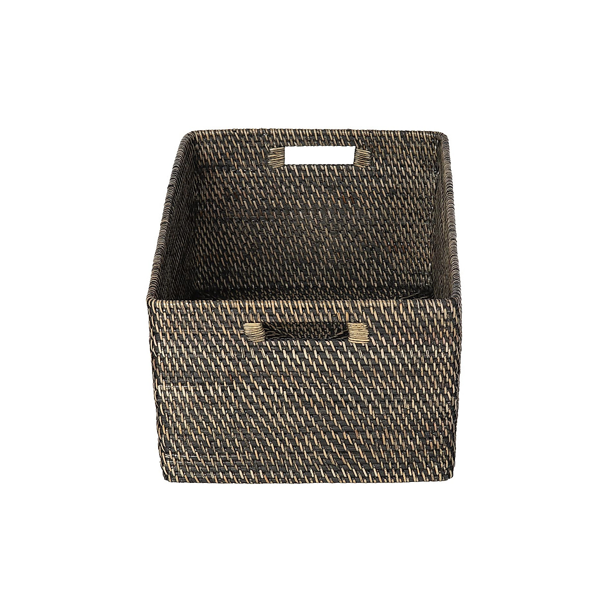 Loma Rectangular Rattan Storage Basket with Cut-Out Handles - Black-Wash - Coastal-Inspired Handwoven Rattan Basket for Home Organization & Décor