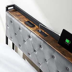 Amyove Queen Bed Frame with 4 Storage Drawers and Charging Station, Grey Queen Upholstered Bed Frame with Storage Headboard, No Box Spring Needed, Noise-Free Easy Assembly (Queen)