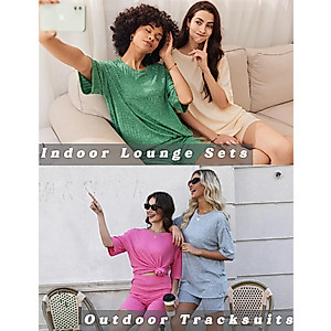 Ekouaer Pajamas 2 Piece Lounge Sets Ribbed Knit Matching Outfits T-shirt Biker Shorts Sleepwear Loungewear Sweatsuits Burgundy Large