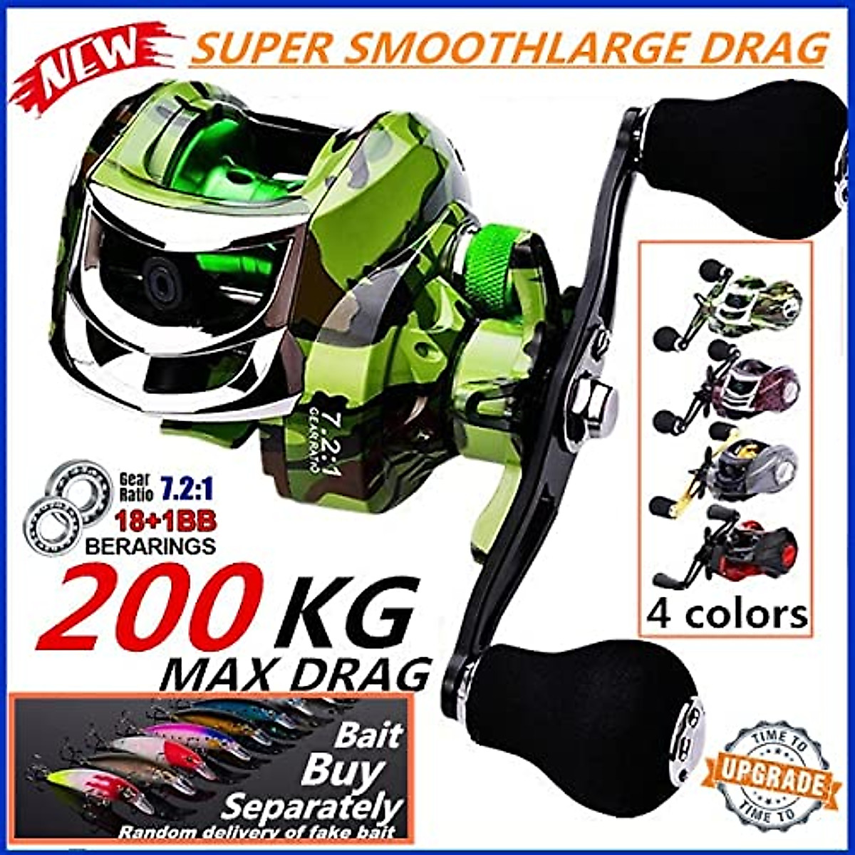 New UP 200kg Max Drag Fishing Reels 18+1BB Baitcasting Fishing Reel Magnetic Brake Baitcaster Fishing Reel for Saltwater Freshwater Fishing (red & Black, Left Hand)