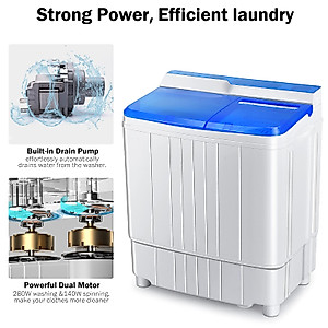 COSTWAY Portable Washing Machine, Semi-Automatic Twin Tub 13lbs Compact Washer and Spinner, Built-in Drain Pump, Control Knobs and Hose, Laundry washer for Apartment, RV, Blue