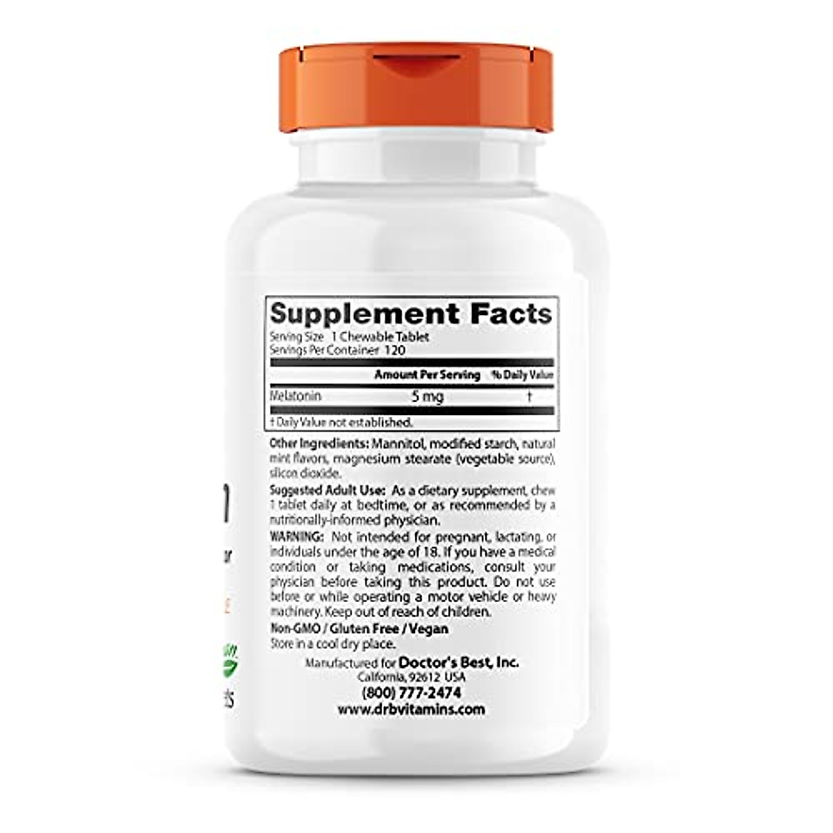 Doctor's Best Melatonin, Helps Promote Healthy Sleep, Jet-Lag, Brain Health & Cognitive Function, Non-GMO, Vegan, Gluten Free, 5 Mg, 120 Chewable Tablets