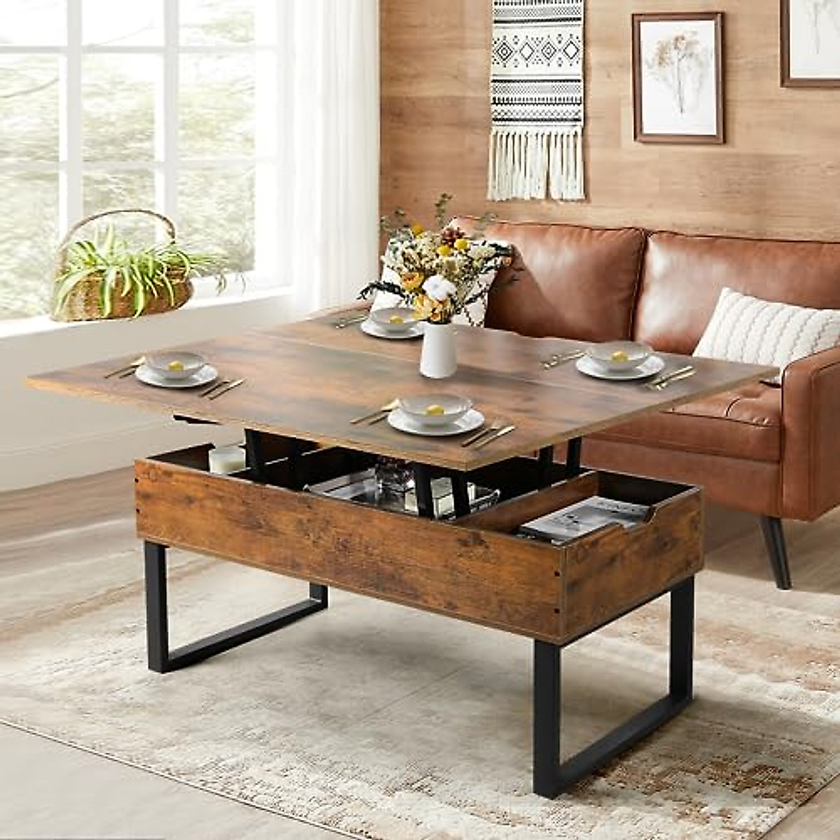 SMOOL Lift Top Coffee Table, 3 in 1 Multi-Function with Hidden Compartment for Living Room, Modern Lift Coffee Table Converts to Dining Table for Reception, Rustic Brown