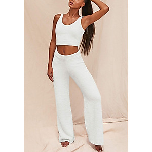 Fixmatti Women's Fuzzy 3 Piece Sweatsuit Open Front Cardigan Crop Tank Tops Wide Legs Pants Lounge Sets (Small, 1-White)