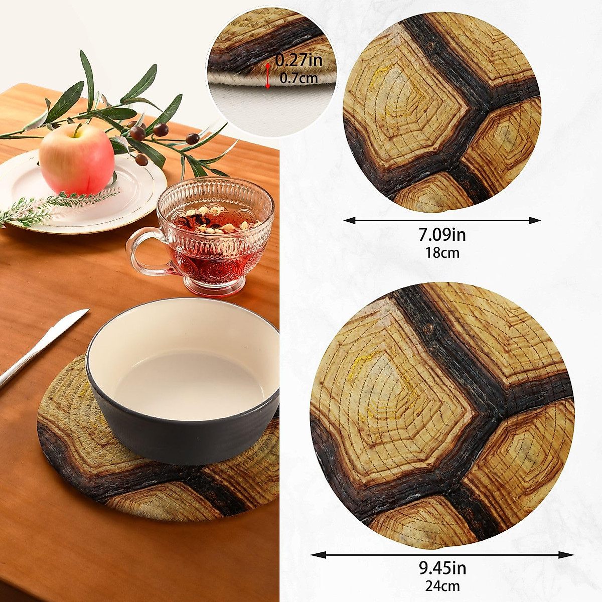 Turtle Shell Round Trivet Mat 2PCS Carapace Print Cotton Rope Placemats Pot Holder Set Kitchen Decor Table Hot Pads Coasters for Hot Dish Counter Tops Farmhouse Coasters Protector Mats