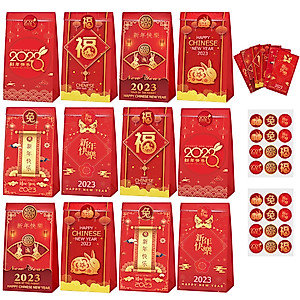 MIMIND 24 Pieces 2023 Happy Chinese New Year Gift Bags Lunar New Year Spring Festival Treat Candy Favor Bags with Round Sticker for Year of The Rabbit Chinese New Year Party Supplies Decors, 6 Design