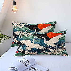 CCoutueChen Cherry Blossom Crane Comforter Duvet Cover Queen Japanese Ukiyo Bedding Set with Zipper Closure Oriental Flower Bird Comforter Cover Aesthetics Duvet Cover with 2 Pillowcases?Kids Adult ?