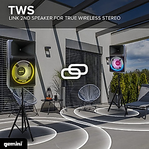 Gemini Sound GSP-L2200PK Indoor 2200 Watt Peak Bi-Amped Wired AC Powered Bluetooth DJ Speaker with 15" Inch Woofer, LED Party Lights, Built in Media Player, and Included Microphone and Speaker Stand