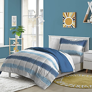 dream FACTORY Kids 5-Piece Complete Bed Set Easy-Wash Super Soft Microfiber Comforter Bedding, Twin, Blue Tie Dye Stripe,2D872901BL