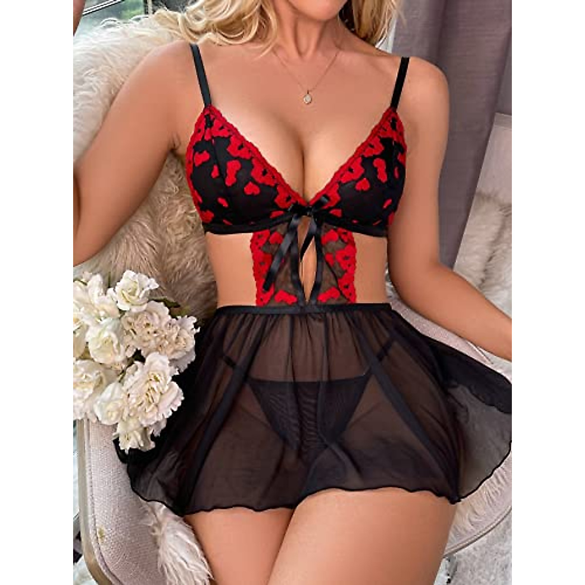 WDIRARA Women's Floral Embroidery Mesh Split Cut Out Babydoll Lingerie Slip Dress Red Heart and Black M