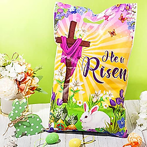 50 Pieces Easter Large Plastic Treat Bags He is Risen Party Favor Bags Easter Religious Candy Goodie Treat Gift Bags Easter Tote Bags with Handles for Easter Spring Jesus Holiday Party Favor