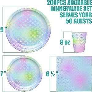 Tiblue Mermaid Party Supplies - 200PCS Disposable Paper Dinnerware Set with Litthe Mermaid Dinner Plates Dessert Plates Cups Napkins for Girl Birthday Baby Shower Ocean Theme Summer Graduation Party