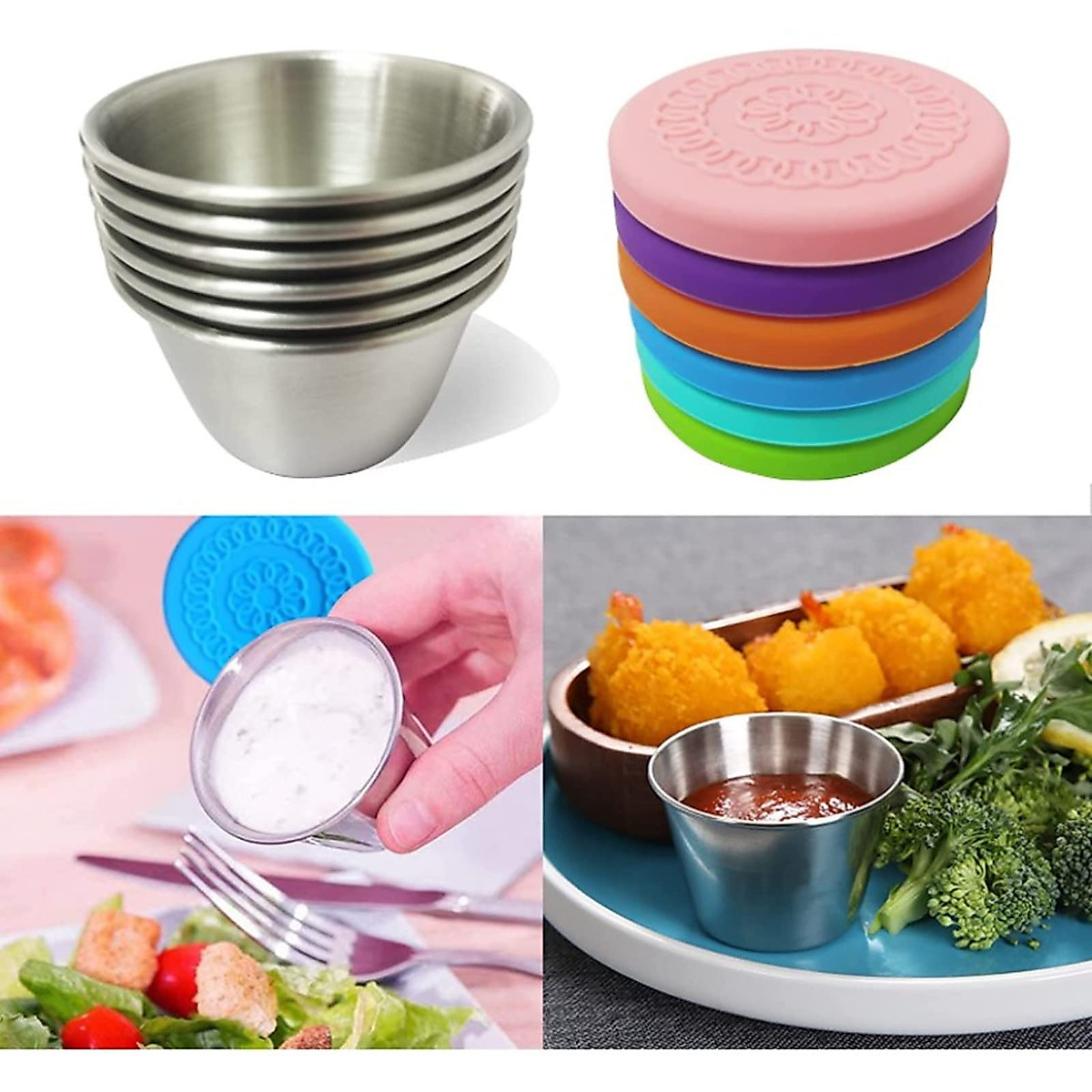 ZHAO 6 Pack 2.4oz Small Condiment Containers with Silicone Lids, Small Salad Dressing Container To Go, Stainless Steel Sauce Container, Leakproof, Reusable, Dipping Sauce Cups with Lids