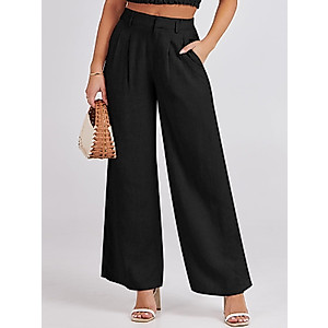 Caracilia Womens Summer Linen Palazzo Pants Wide Leg High Waist Business Casual Work Lightweight Trousers Loose Pleated Elastic Waist Dressy Pants 2024 Black Fashion Outfits with Pocket C118A3-heise-L