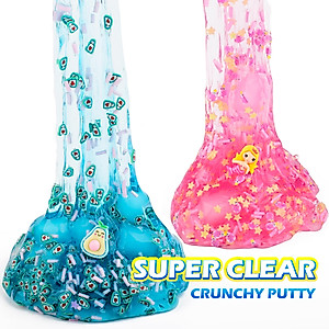 5 Pack Crystal Clear Slime Kit with Jelly Cubes Charms Add Ins for Girls Boys 10-12, Stars Moons Avocado Banana Pink Blue Crunchy Water Slime Set, Soft Sludge for Kids Birthday, Slime Party Favors