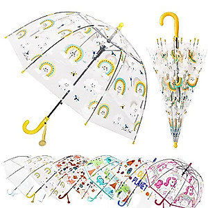 MRTLLOA Kids Rainbow Clear Bubble Umbrella, Toddler Grip Curved Handle Stick Rain Umbrella