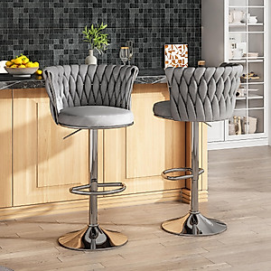 Lamerge Velvet Bar Stools Set of 4,Modern Swivel Bar Chairs Counter Height Barstool,Adjustable Barstools with High Backrest,Upholstered Kitchen Island Chairs,Grey