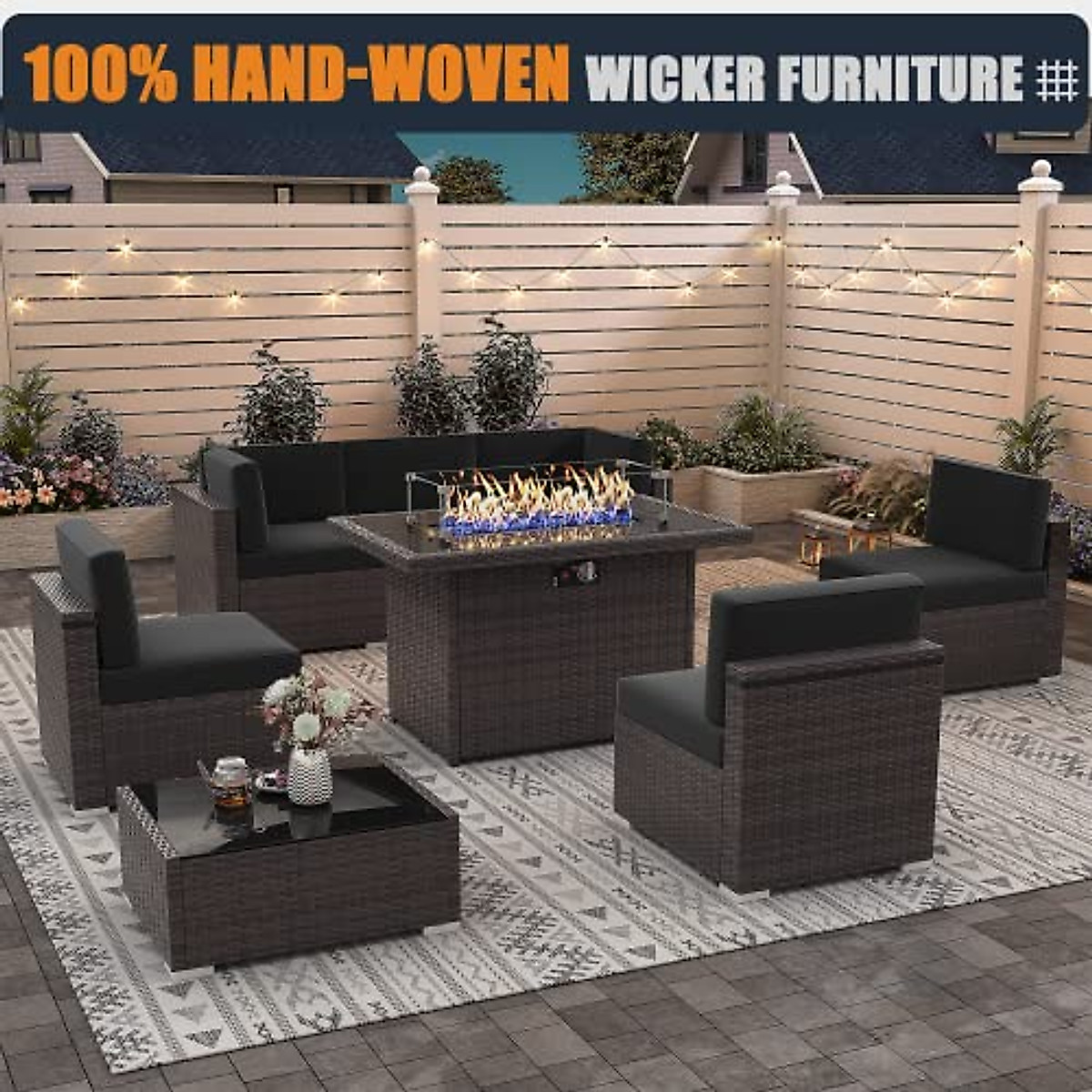 KHOLH 8 Pieces Patio Furniture Conversation Sofa Set with 44" Propane Gas Fire Pit Table, Outdoor Sectional Black Rattan Wicker Sofa Set