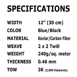 (1 ft -25 ft Rolls) KARBXON - 12 in - Carbon Fiber Aramid Fabric - Blue - 3K - 240g/meter - Twill Weave - Advanced Cloth Fabric - Rolled 12” Wide Hemmed Fabric for Repair, Drones, RC & DIY Projects