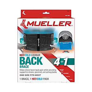 MUELLER Sports Medicine 4-in-1 Lumbar Back Brace with Removable Hot/Cold Pack, for Men and Women, Black, One Size