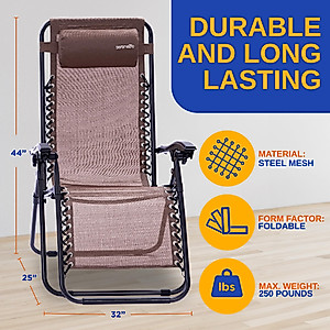 SereneLife Zero Gravity Lounge Chair - Set of 2 Adjustable Recliners and Side Table, Includes Removable Padded Headrest Pillows, Breathable Mesh Fabric, Lightweight and Foldable, Brown