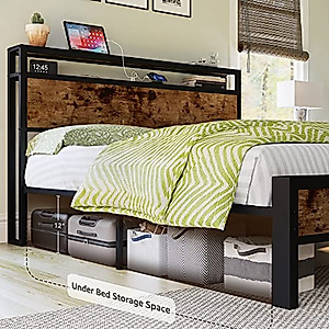 LUXOAK King Size Bed Frame, Platform Bed Frame with 2-Tier Storage Headboard and Charging Station/No Box Spring Needed/Noise Free/Industrial/Rustic Brown