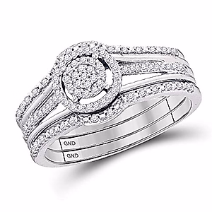 FB JEWELS 10K White Gold Womens Round Diamond Cluster 3 Piece Bridal Wedding Engagement Ring Band Set 1/4 Cttw Size 7