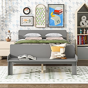 YOPTO Full Size Bed with Footboard Bench,Bedroom Pine Wood Bed Frame W/Bed-Legs,10 Slats Support,No Box Spring Needed,Easy Assembly,for Kids Teens Boys Girls,Grey