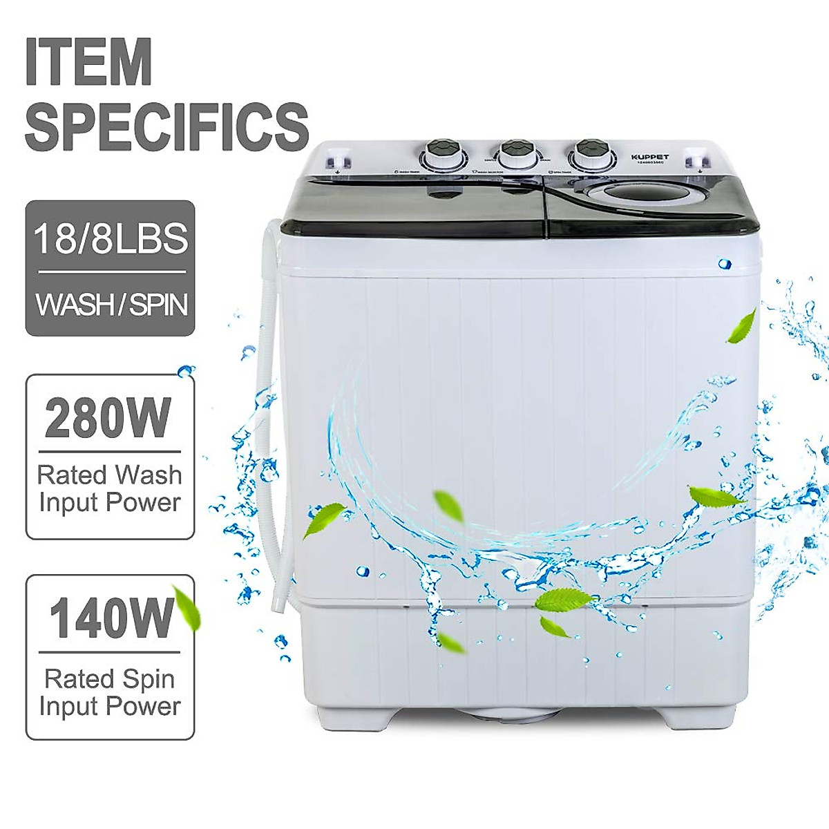 KUPPET Compact Twin Tub Portable Mini Washing Machine 26lbs Capacity, Washer(18lbs)&Spiner(8lbs)/Built-in Drain Pump/Semi-Automatic (White&Gray)