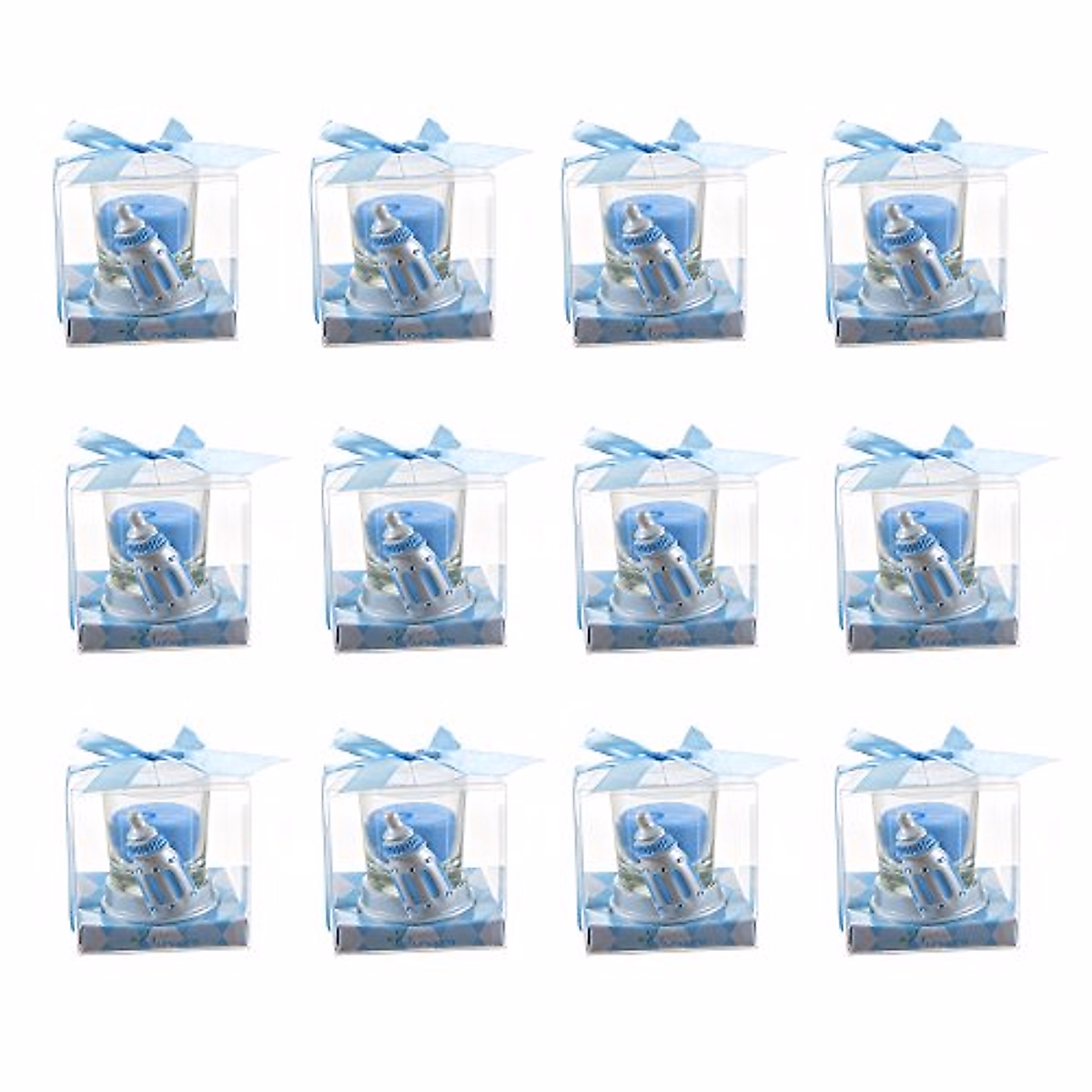 Lunaura Baby Keepsake - Set of 12 "Boy" Baby Bottle Glass Votive Candle Set Favors - Blue