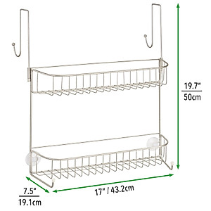 mDesign Extra Wide Metal Wire Over The Bathroom Shower Door Caddy, Hanging Storage Organizer with Built-in Hooks and Baskets on 2 Levels for Shampoo, Body Wash, Loofahs, Rust Resistant - Satin