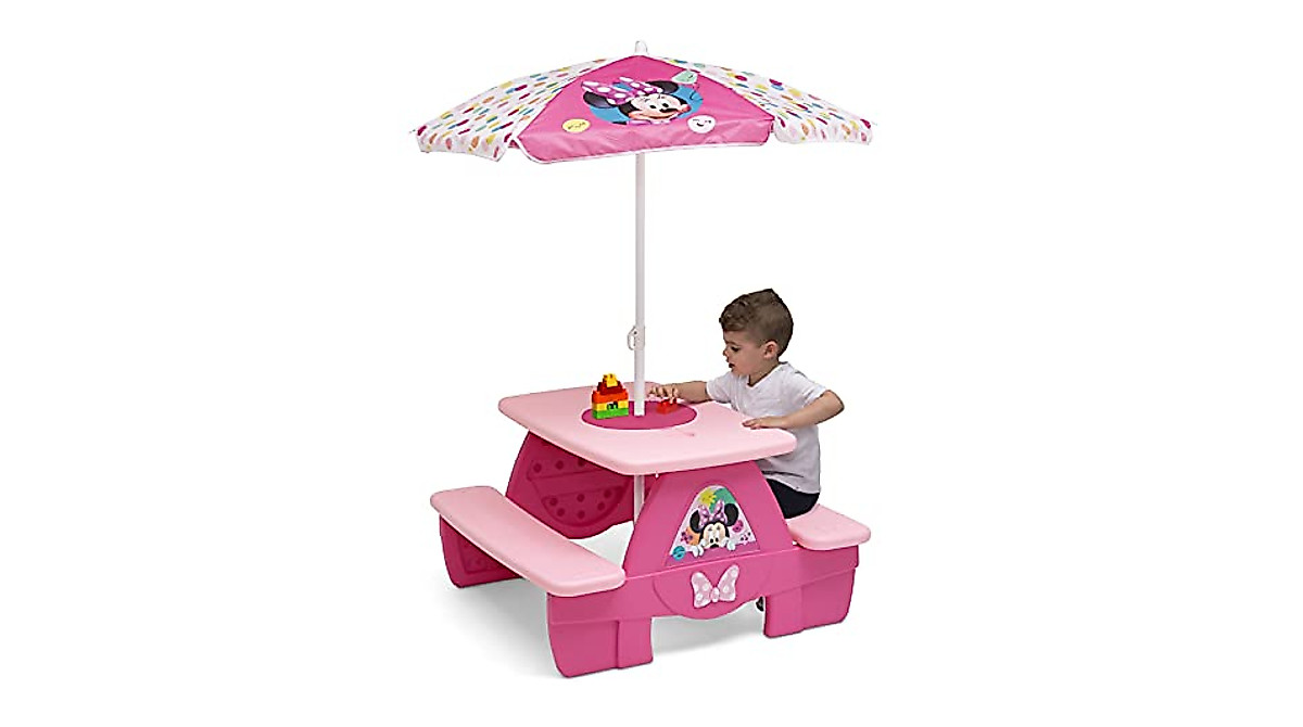 Kids Picnic Table with Umbrella & LEGO-Compat Minnie Mouse Playset