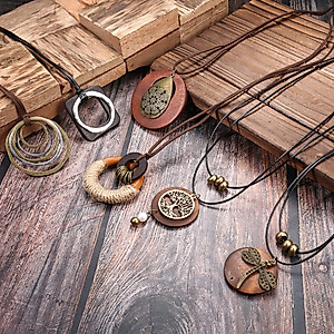 SAILIMUE 6Pcs Long Pendant Necklaces for Women Boho Vintage Wood Fall Sweater Necklaces Set Statement Feather Dragonfly Peace Sign Y Necklace Hippie Handmade Fashion Jewelry Accessories