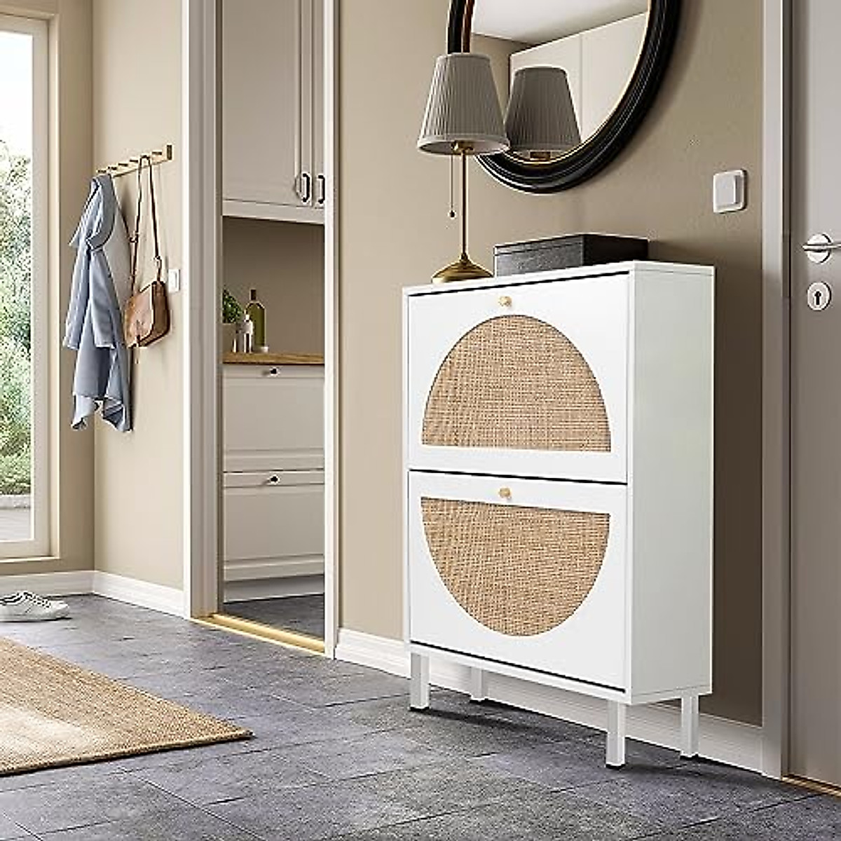 Goderfuu Rattan Shoe Cabinet with 2 Flip Drawers, Shoe Rack for Entryway Shoe Storage Cabinet, 2 Tier Small Shoe Cabinet Slim Shoe Storage Cabinet, White Shoe Cabinet for Heels, Boots, Slippers