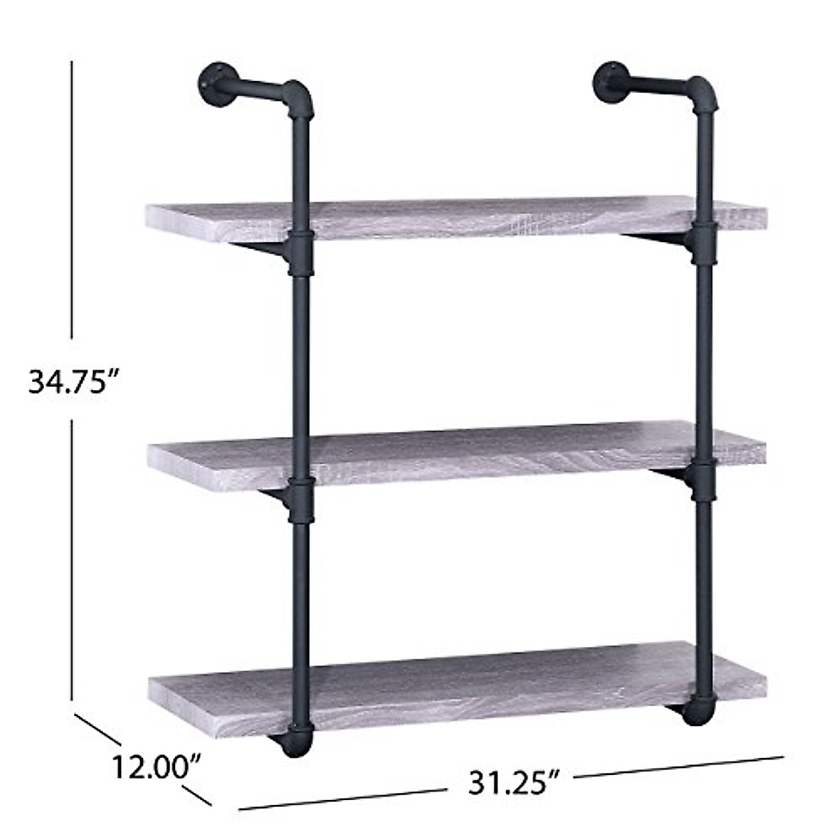 Christopher Knight Home Caden Industrial Three Tier Faux Wood Wall-Mounted Shelf, Finish, Light Gray + Texture Black