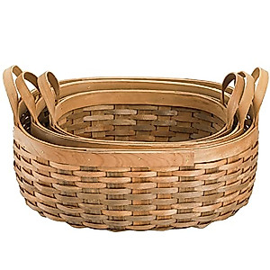 Elsjoy Set of 3 Wood Woven Storage Basket with Handles, Oval Fruit Bread Basket Organizer Rustic Rattan Nesting Basket Bin for Living Room, Bathroom, Kitchen, Home Decor