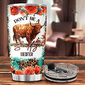Salty Heifer, Tumbler 20 Oz With Lid And Straw, Leopard Print Flower Floral, Highland Cow Gifts