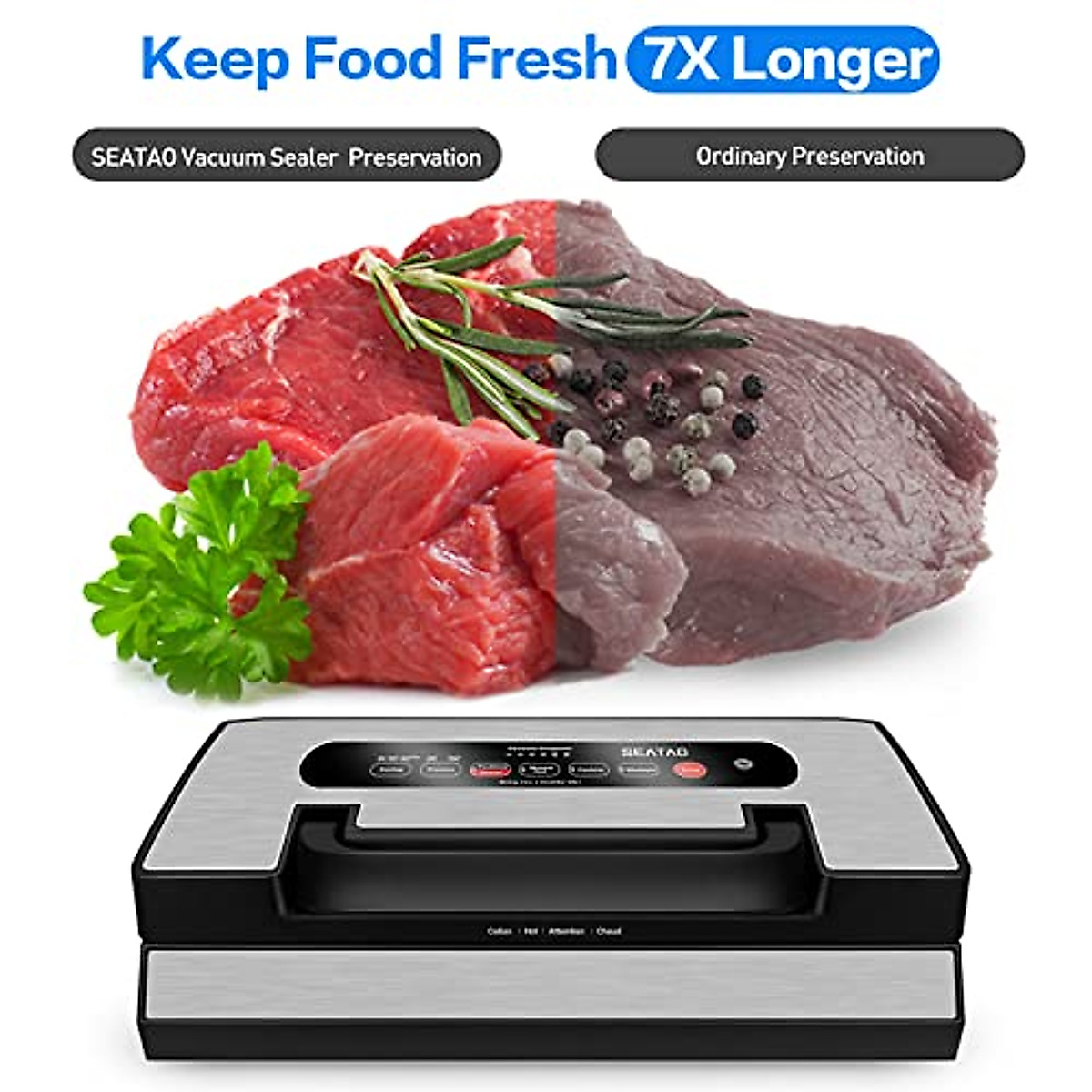 SEATAO VH5188 Automatic Vacuum Sealer Machine, 90kPa Multifunction Commercial Vacuum Food Sealer For Food Preservation, Dry & Moist & Food & Extended Modes, Starter Kit with Built-in Roll Storage & Cutter, Handle Locked Design, LED lights, Double Seal