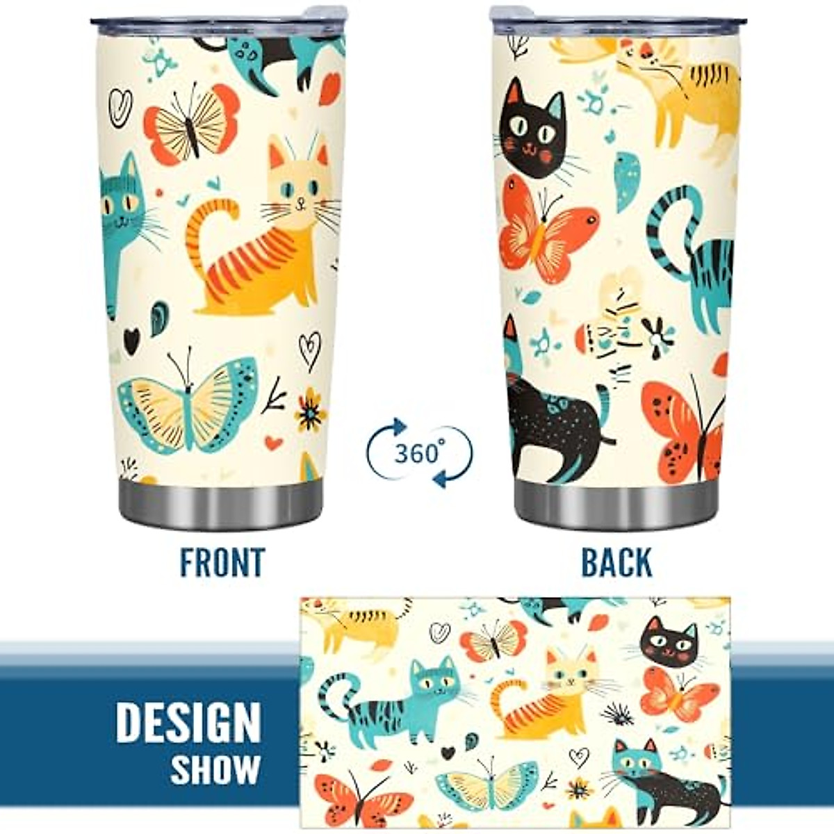 QWEUIOP 20oz Insulated Travel Coffee Mug Cute Cartoon Cats Stainless Steel Tumbler with Lid Double Wall Vacuum Coffee Cup For Hot and Cold Drinks14081