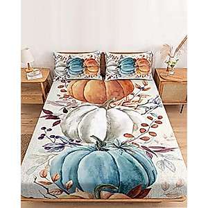 Fall Pumpkin Leaves on Burlap Fitted Bed Sheets Full Size Fit 5-16inch Deep Pockets,Luxury Bottom Sheet Bedding Set with Pillow Case,Thanksgiving Watercolor Plant Fitted Sheet for Mattress