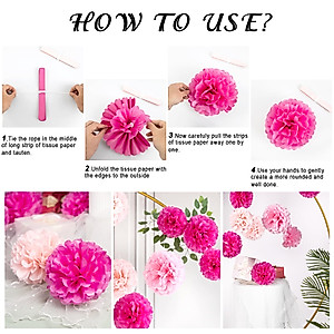 Hot Pink Tissue Pom Poms Paper Flowers Hanging Decorations Pink Flower Ball for Baby Shower Wedding Nursery Birthday Party Backdrop Home Outdoor