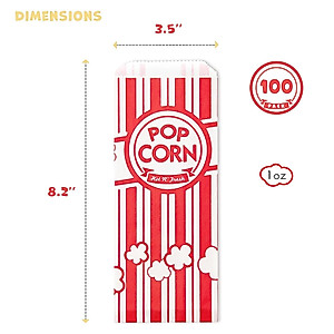 Alitte Paper Popcorn Bags (100-Pack) 1 oz Individual Servings - Leakproof Bottom, Holds 4 Cups of Popcorn - Classic Red and White Stripes, for Movie Night, Carnival, Party, Theater, and Snack Bars