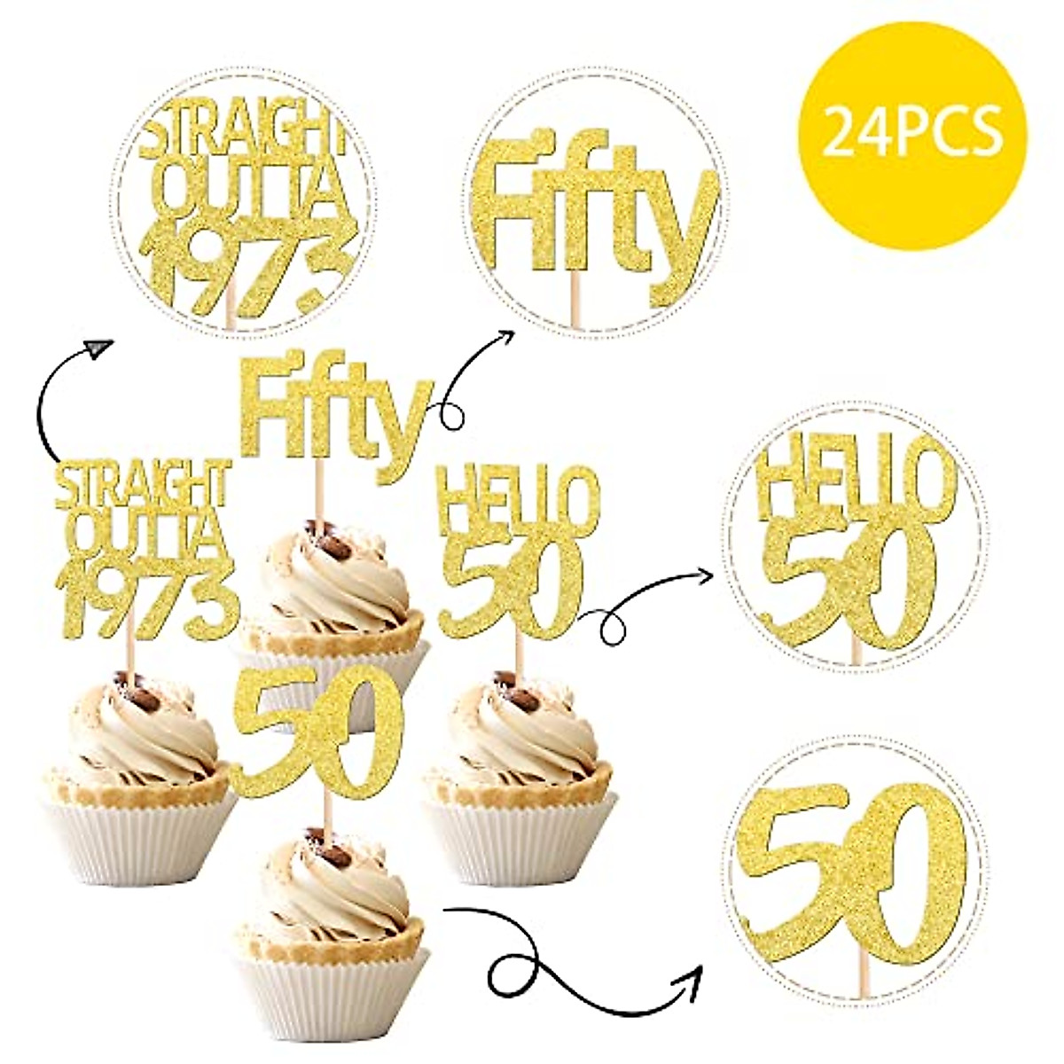 36PCS Happy 50th Birthday Cupcake Toppers Gold Glitter Fifty Hello 50 Straight Outta 1973 Cupcake Picks for Cheers to 50 Years Birthday Wedding Anniversary Party Cake Decorations Supplies
