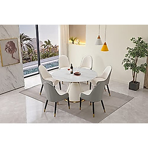 HomSof Modern Sintered Stone Round Dining Table Set with Stainless Steel Base with 6 pcs Chairs, 7 Pieces, White+Grey