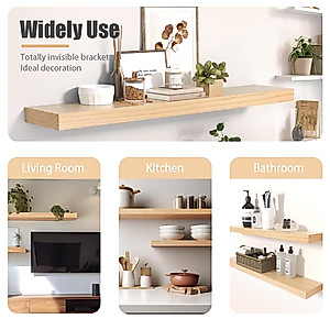 Habudda Floating Shelves, Wood Wall Shelf, Natural Wooden Home Decor for Bathroom Kitchen Bedroom, Hanging Mounted Invisible Bracket, Extra Long 35.5 Inch, Set of 2