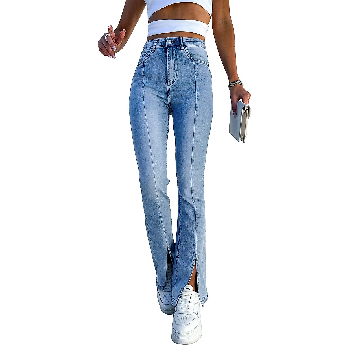 Jauoop Women's High Waist Bootcut Jeans Split Hem Straight Leg Skinny Denim Pants with Pockets Light Blue