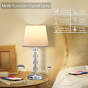 Unfusne Set of 3 Crystal Lamp with USB Port - Touch Control Table Lamp for Bedroom 3 Way Dimmable Nightstand Bedside Lamp with White Fabric Shade, Small Lamps for Living Room, Dorm, Home,Office