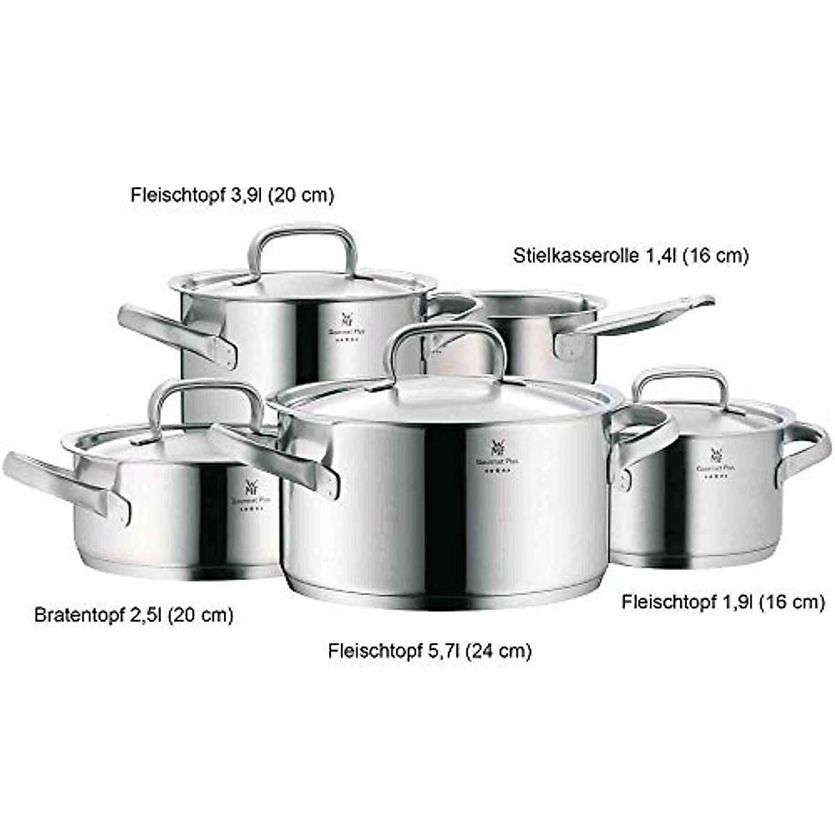 WMF Pot Set 5-Piece Gourmet Plus Inside Scale Steam Vent Made in Germany Hollow Handles Metal Lid Cromargan® Stainless Steel Suitable for Induction Hobs Dishwasher-Safe