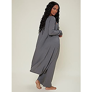 SheIn Women's Ruched Knot Bust Cami Top Long Pants Lounge Set with Long Sleeve Robe Dark Grey Large